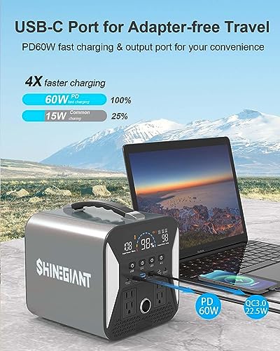 Portable Power Station 300W(600W Peak), SHINEGIANT 299.52Wh Solar Generator with USB-C PD 60W Output, 110V Pure Sine Wave Backup Battery Pack with AC Outlet, Portable Generator for Camping RV Hunting