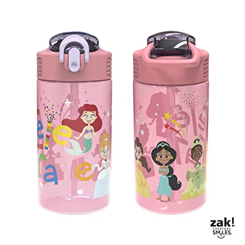 Zak Designs Kids Water Bottle For School or Travel, 16oz 2-Pack Durable Plastic Water Bottle With Straw, Handle, and Leak-Proof, Pop-Up Spout Cover (Disney 100 Princess, Limited Edition)
