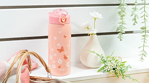 Zak Designs Water Bottle for Travel and At Home, 19 oz Vacuum Insulated Stainless Steel with Locking Spout Cover, Built-In Carrying Loop, Leak-Proof Design (Daisies)