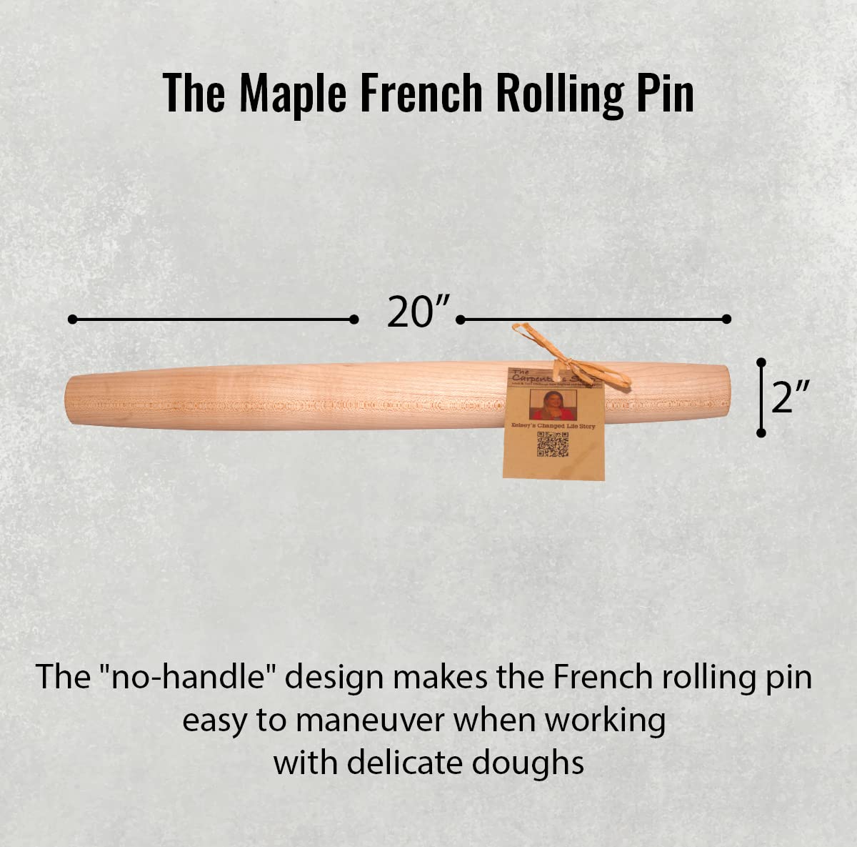 French Rolling Pin Solid Rock Maple Handmade from Adult & Teen Challenge - 20" x 2" - Tapered Handles