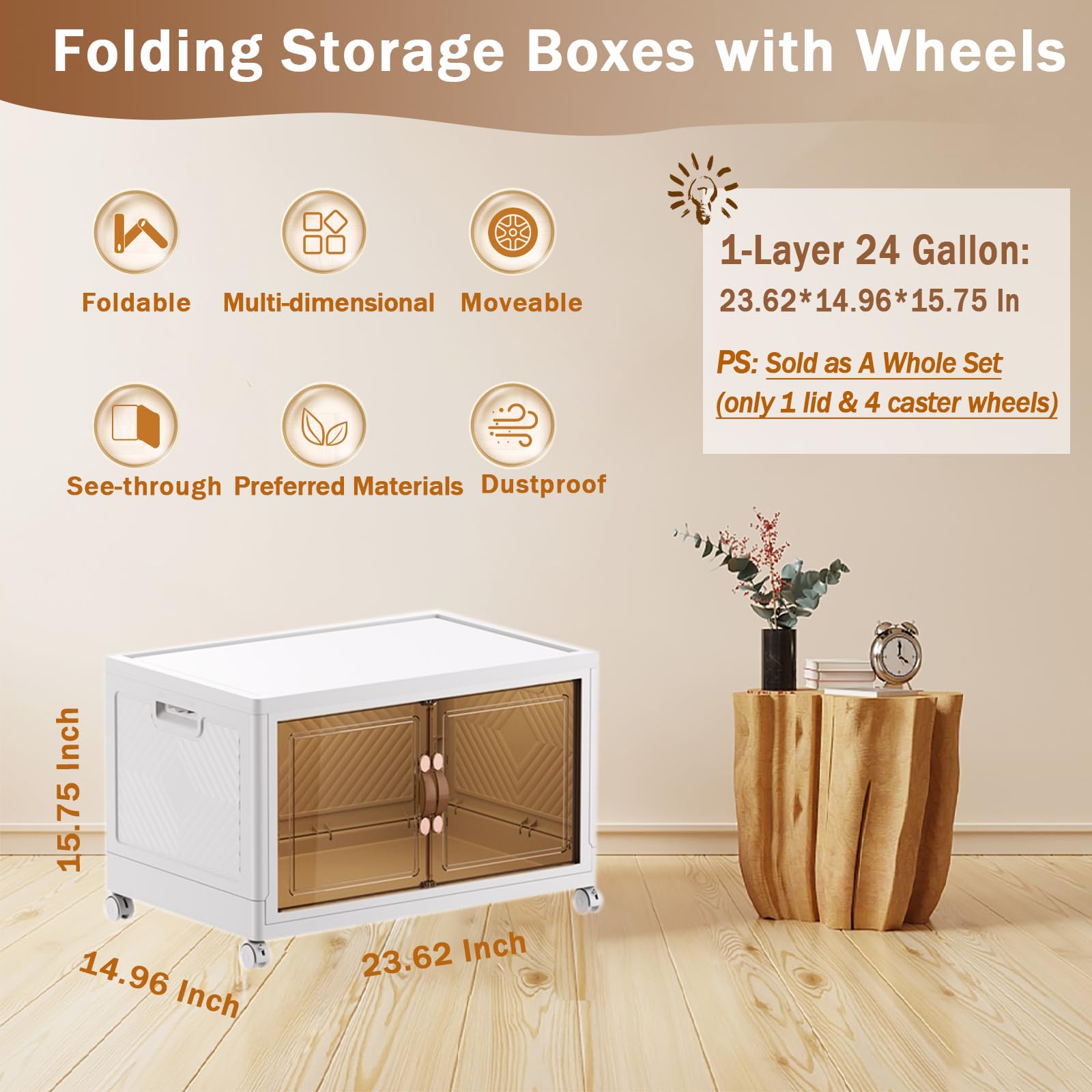 Jacriah Plastic Drawer Storage Bins with Lid, Stackable Storage Bins Open Front, Closet Organizers and Storage Cabinet with Doors and Shelves, Collapsible Storage Bins with Wheels (1 Layer-24 Gallon)