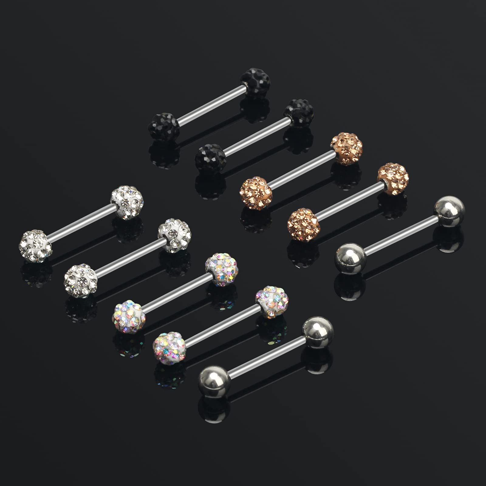 CrazyPiercing 10Pcs CZ Tongue Rings 16G Tongue Piercing with Straight Stainless Steel Barbell Bar Piercing Jewelry 14mm Length