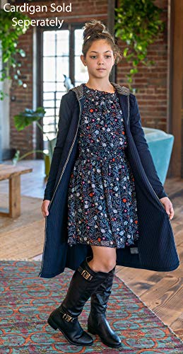 Smukke, Big Girls Tween Beautiful Printed Chiffon Off The Shoulder Long Sleeves Fall Dresses (Multiple Colors), 7-16 (16, Navy Multi)