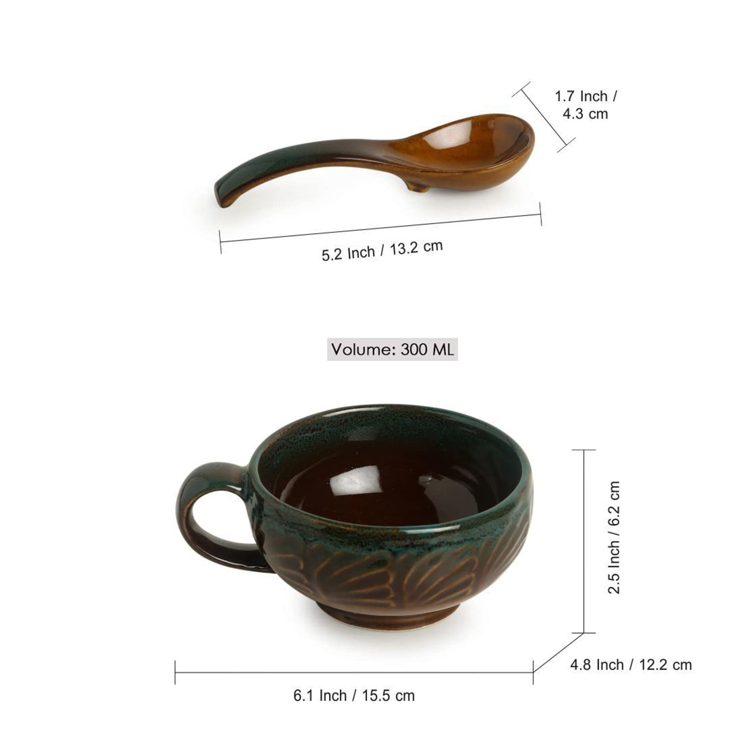 ExclusiveLane 'Amber & Teal' Soup Cups with Spoons & Handle | Set of 4, 300ml | Handpainted Ceramic Bowl for Kitchen | For Cereal Soup Rice Salad Oatmeal | Dishwasher & Microwave Safe | Ideal Gift