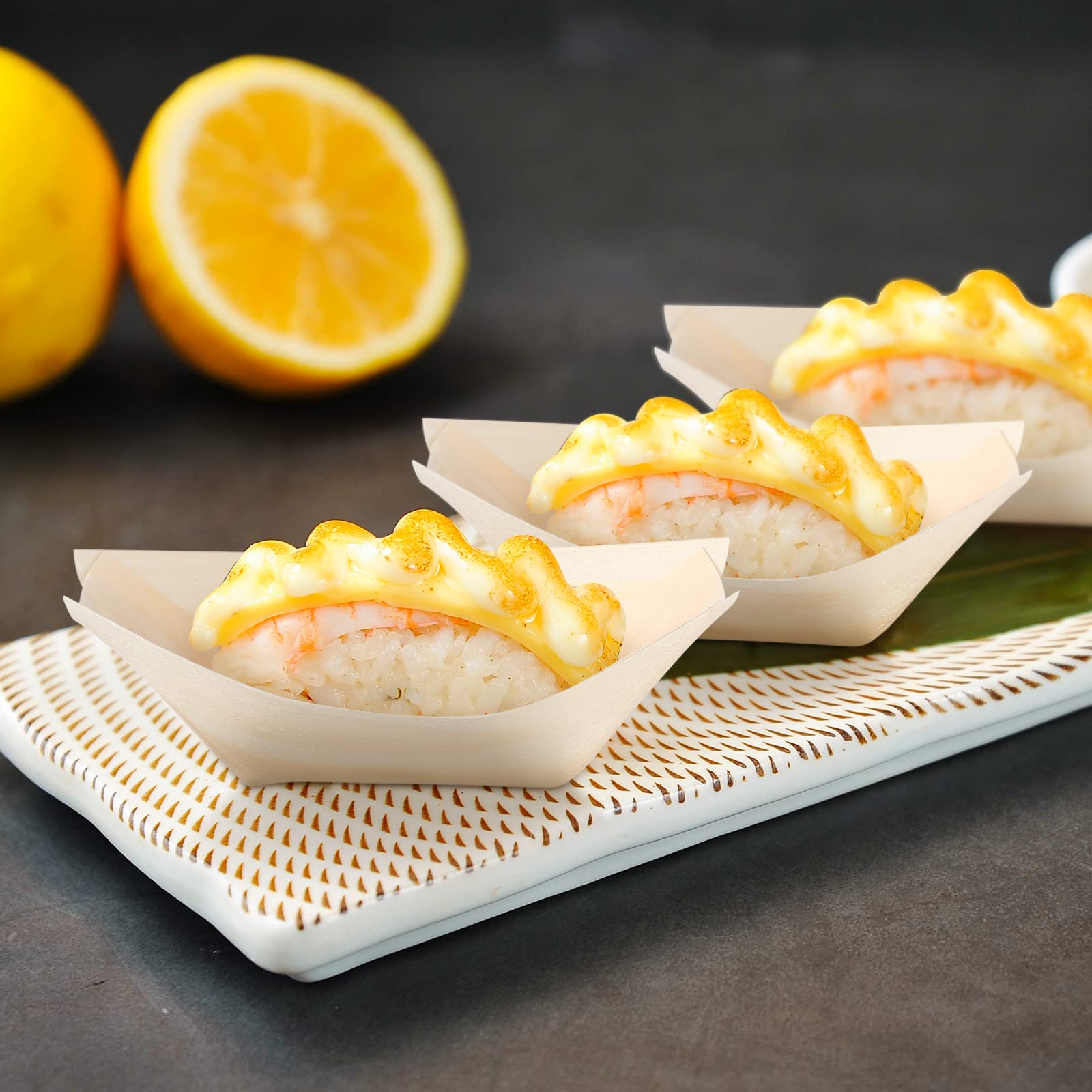 Hemoton 50pcs Wooden Sushi Serving Tray Boat 5 inch Disposable Japanese Sashimi Plate Snack Dessert Candy Serving Dish for Restaurant Home