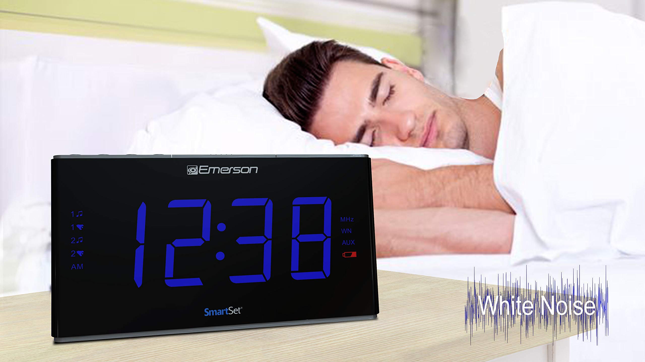 Emerson Smartset Sound Therapy Alarm Clock Radio with White Noise/Nature Sounds 1.8" LED Display Black/Blue, ER100105WB