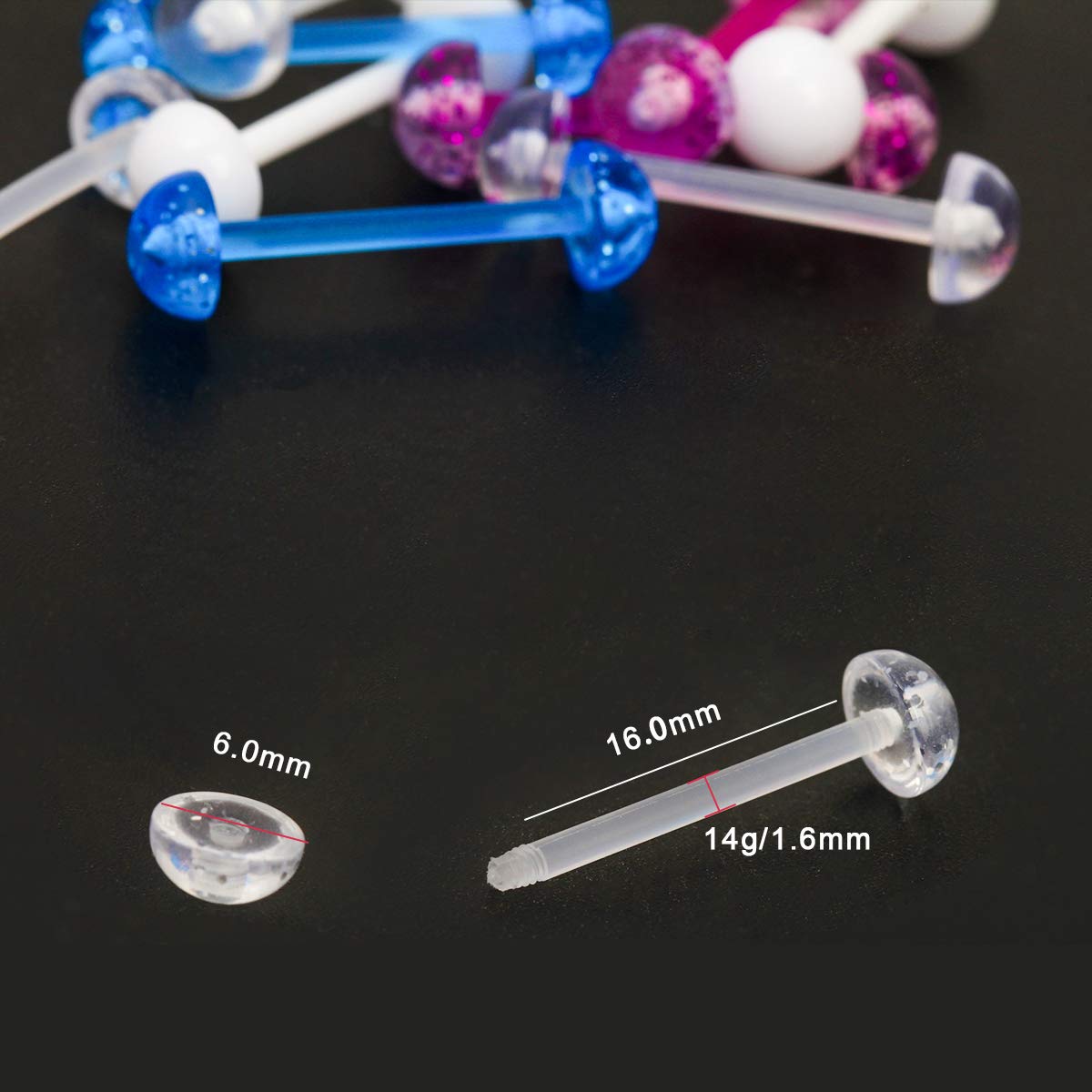 CrazyPiercing 5Pair Acrylic Tongue Rings 14G Flexible Glitter Half Ball Tongue Barbell Retainer Body Piercing Jewelry Bar Length 16mm
