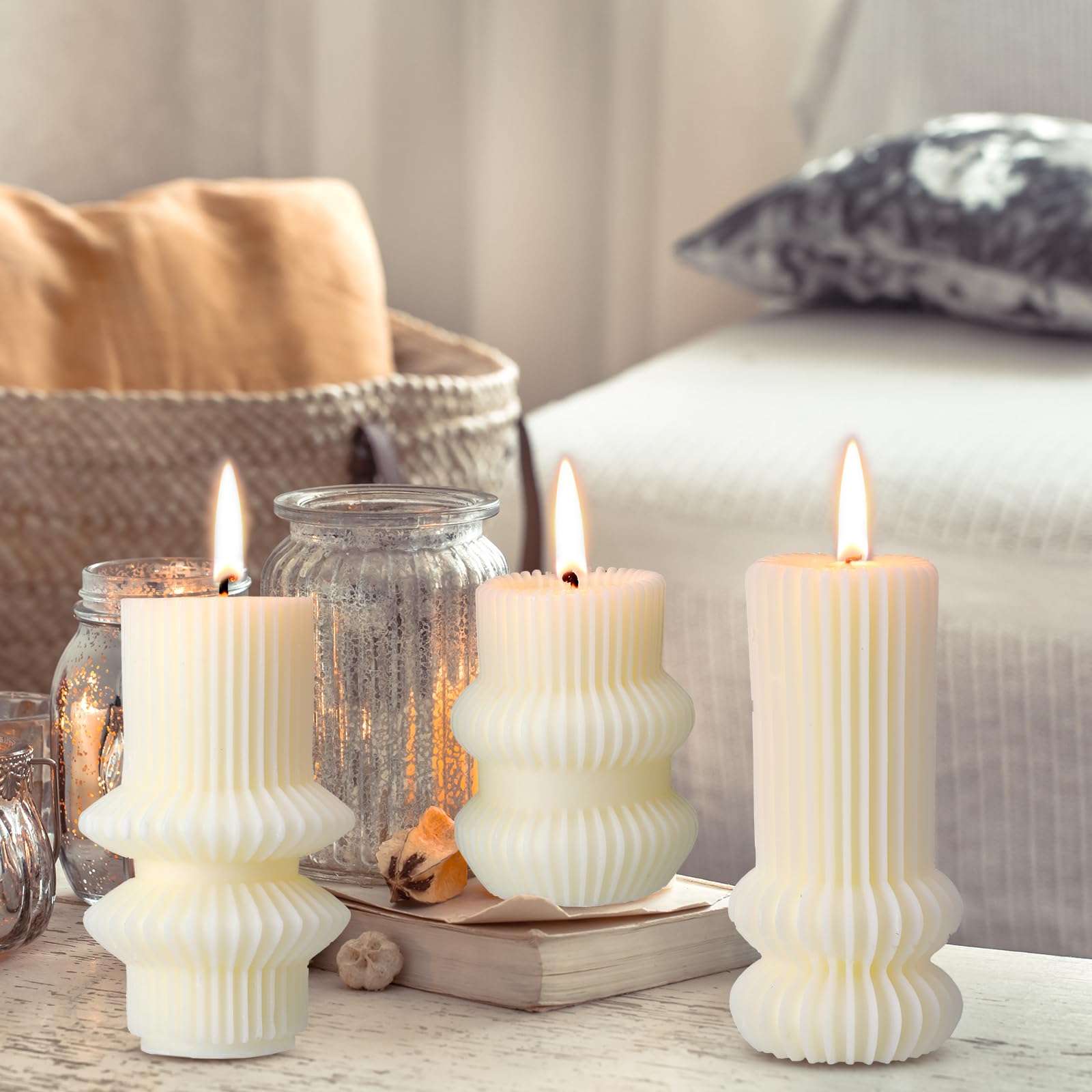 MTLEE 3 Pcs Small Ribbed Pillar Candles Scented Pillar Candle Decorative Candles Soy Wax Aesthetic Candle 4.7, 4.2, 3.2 in Height Modern Geometric Home Decor for Bathroom Living Room(Khaki)