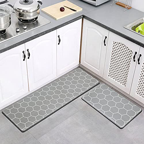 Gray Kitchen Mats for Floor,PVC Cushioned Anti-Fatigue Comfort Mat,2 Piece 0.47in Super Thick Kitchen Rugs【59In】 for Kitchen Sink Office Laundry Room