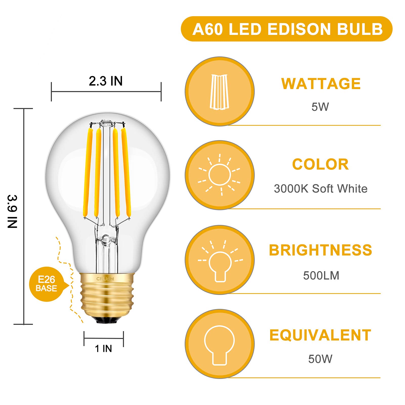 CRLight Smooth Dimming Version, 5W A19 / A60 LED Edison Bulb 3000K Soft White, Dimmable 50W Equivalent 500LM, E26 Medium Base Antique Style Clear Glass Lengthened Filament LED Light Bulbs, 6 Pack
