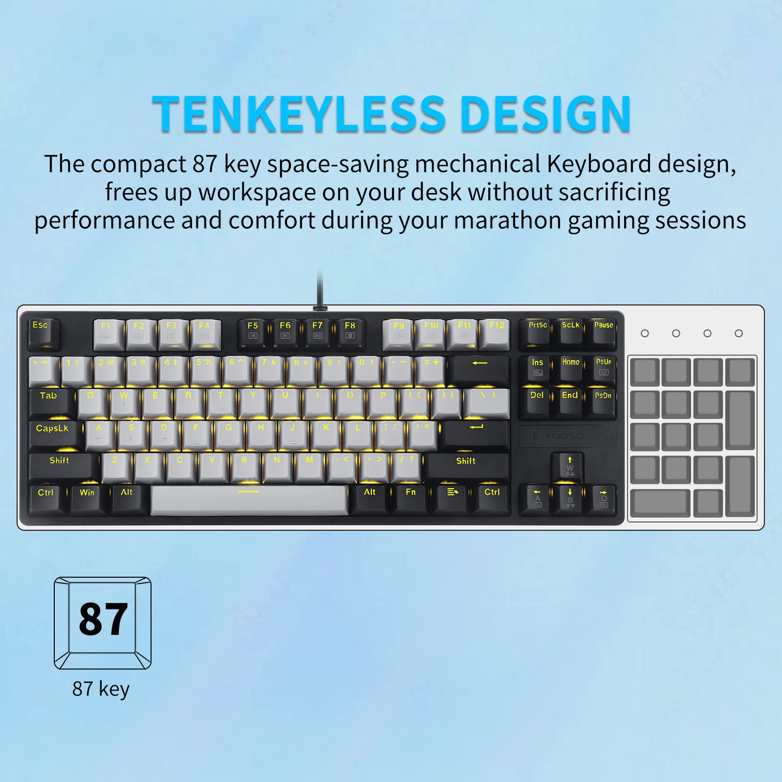 HUO JI E-YOOSO Z-87 Mechanical Gaming Keyboard 87 Key LED Backlit Wired with Anti-Dust Proof Switches Tenkeyness for Windows PC (Red Switches,Grey and Black)