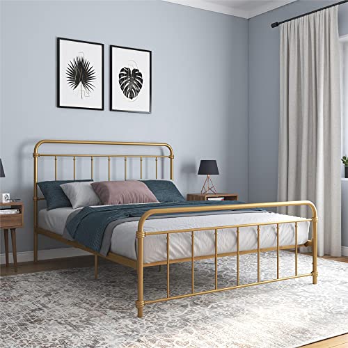 DHP Winston Metal Platform Bed with Rustic Design and Curved Edge Headboard and Footboard, Adjustable Base Height for Underbed Storage, No Box Spring Needed, Queen, Gold