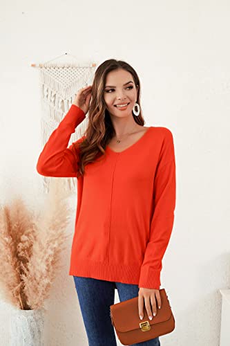 MicroStar Women's Spring Casual Lightweight V Neck Batwing Long Sleeve Knit Top Loose Pullover Sweater Orange