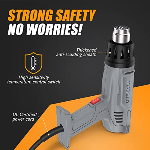 DIAFIELD 1850W Heat Gun 10 Variable Temperature Settings 112℉~1202℉(44℃- 650℃), Fast Heat Hot Air Gun, Durable & Overload Protection, with 4 Nozzels for Shrink Wrap, Vinyl, Crafts, Epoxy Resin(5.9FT)
