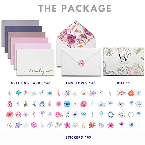 Thank You Cards-48 Bulk Blank Gold Foil Sets(6 Colors) Blank Greeting Cards for Baby & Bridal Shower, Appreciation,Wedding & Birthdays
