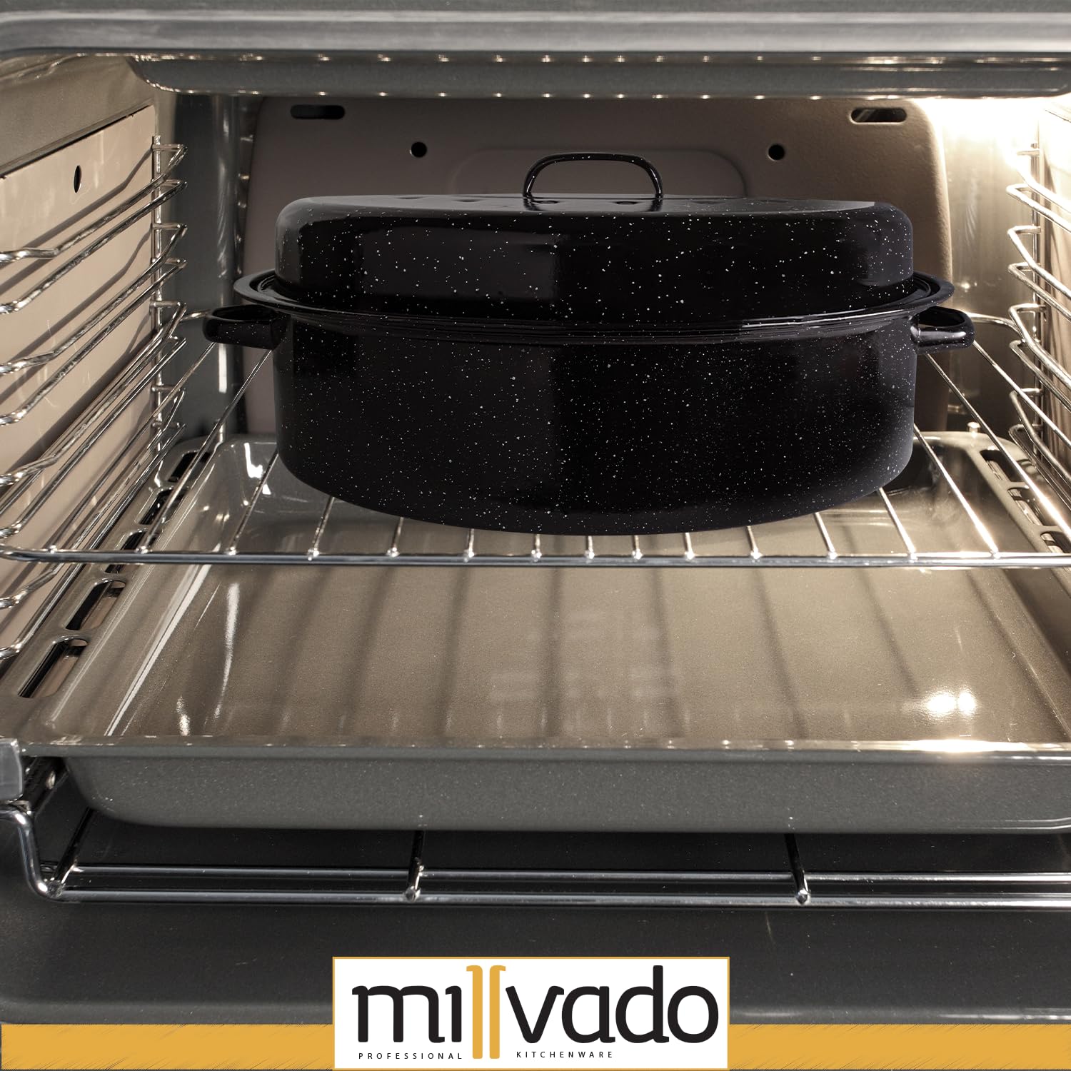 Millvado Roasting Pan With Lid, Thanksgiving Turkey Roaster Pan, Extra Large 20 lb Capacity, 19" Granite Oven Roaster Oval Shaped Speckled Enamel on Steel Cookware