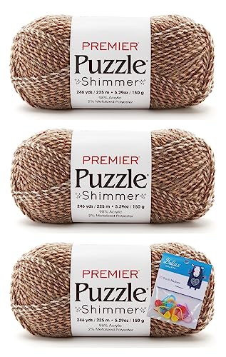 Premier Puzzle Shimmer Yarn 3-Pack Bundle with Bellas Crafts Stitch Markers (Crossword Shimmer)