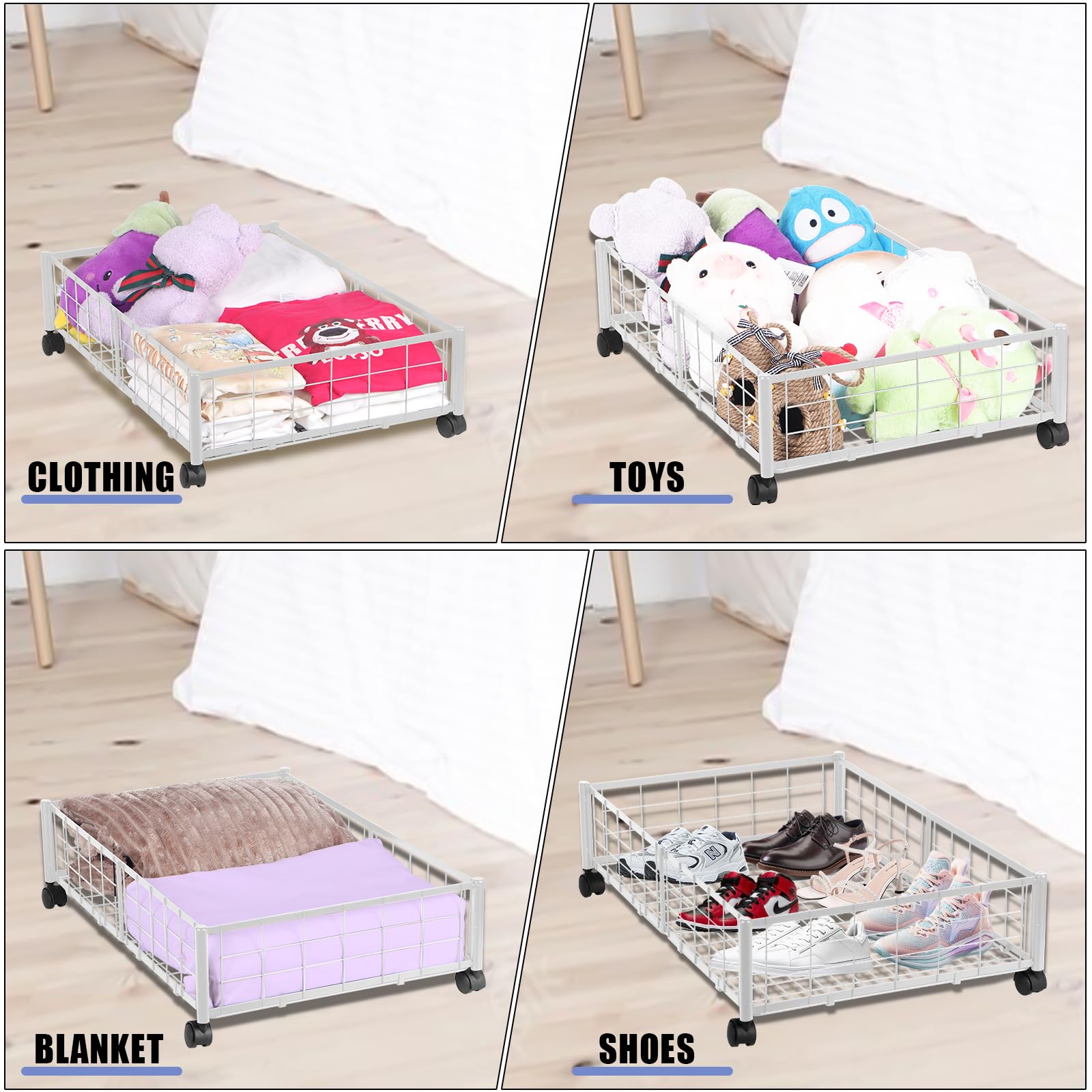 Kmise Underbed Storage With Wheels,2 Pcs Metal Under Bed Storage Containers For Bedroom Clothes Blankets Toy Book Bedding Shoes Storage Organizer (White, 2 Pcs)