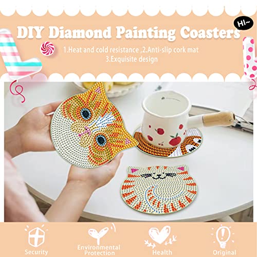 MVVMTOP 6 Pcs Diamond Painting Coasters with Dimensional Holder, DIY Non-Slip Cat Coaster Diamond Art Kits for Beginners, Kids and Adults Craft Supplies
