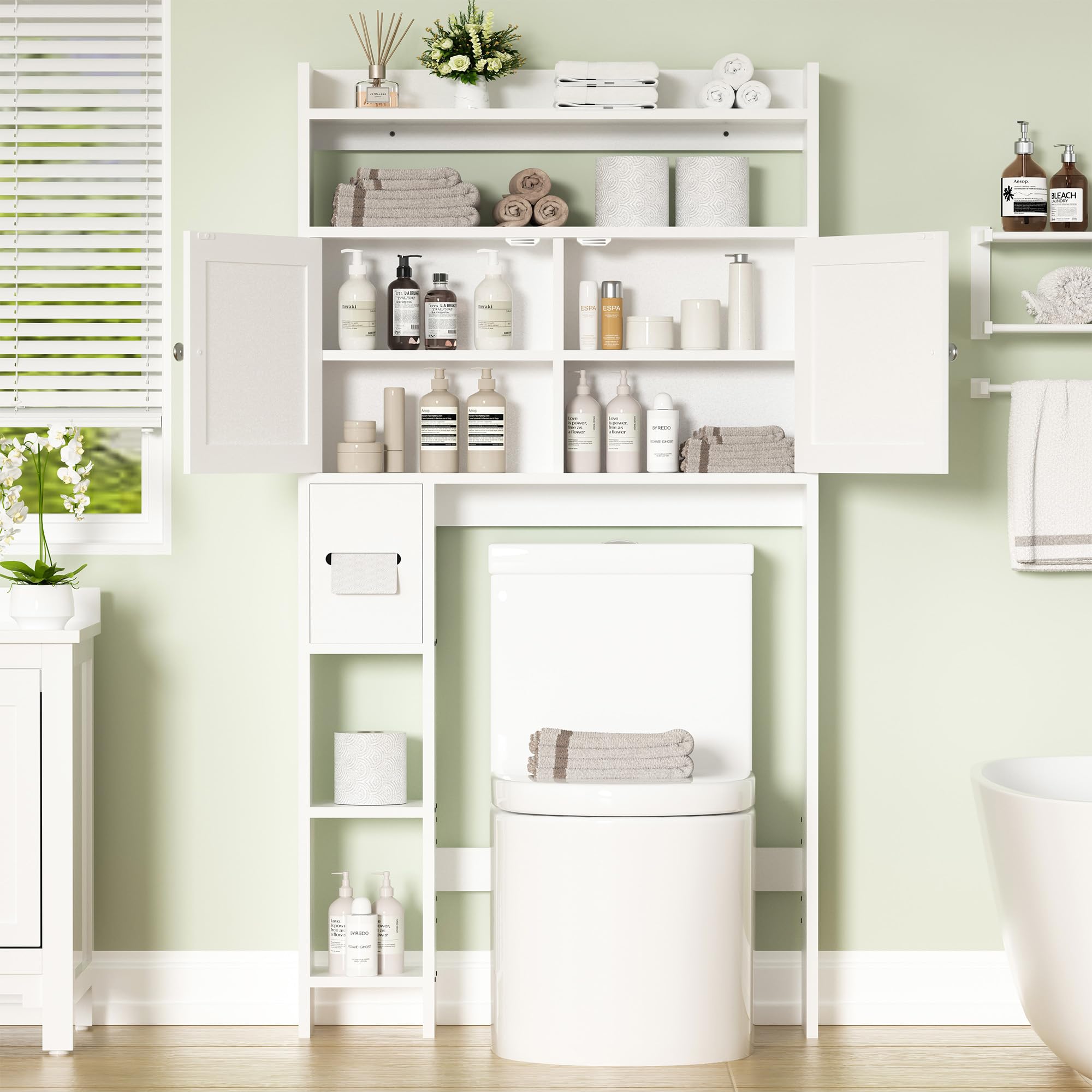 MU Over The Toilet Storage Cabinet with Side Shelves, Bathroom Storage Organizer, Space-Saving Toilet Storage Rack for Bathroom, Laundry (Farmhouse)