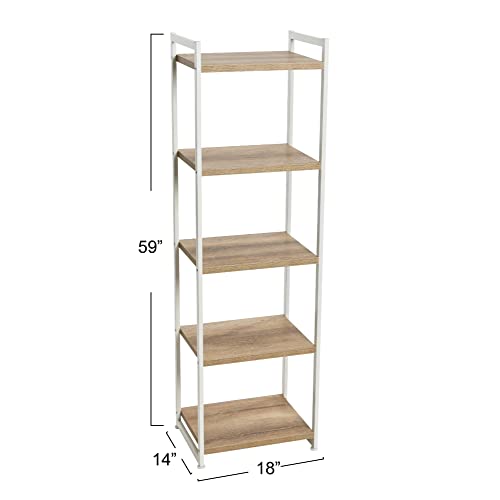 Household Essentials Jamestown Narrow 5 Shelf Open Storage Bookshelf Coastal Oak Rustic Wood Grain and White Metal