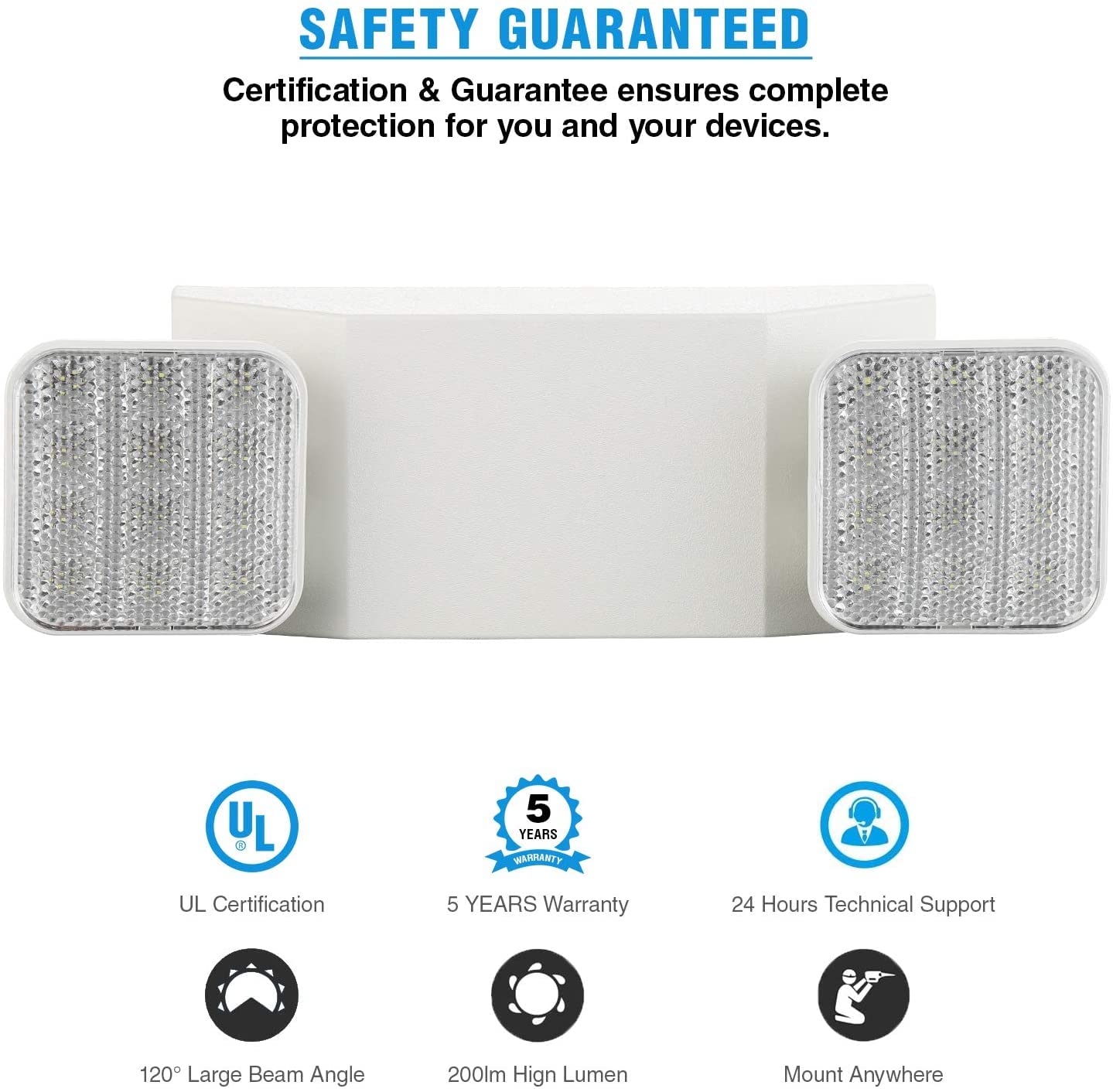 EXITLUX 6 Pack LED White Emergency Exit Fixture with Battery Backup -UL LED Emergency Lighting and 2 LED Heads Adjustable Light Heads for Indoor Outdoor Emergency Lighting
