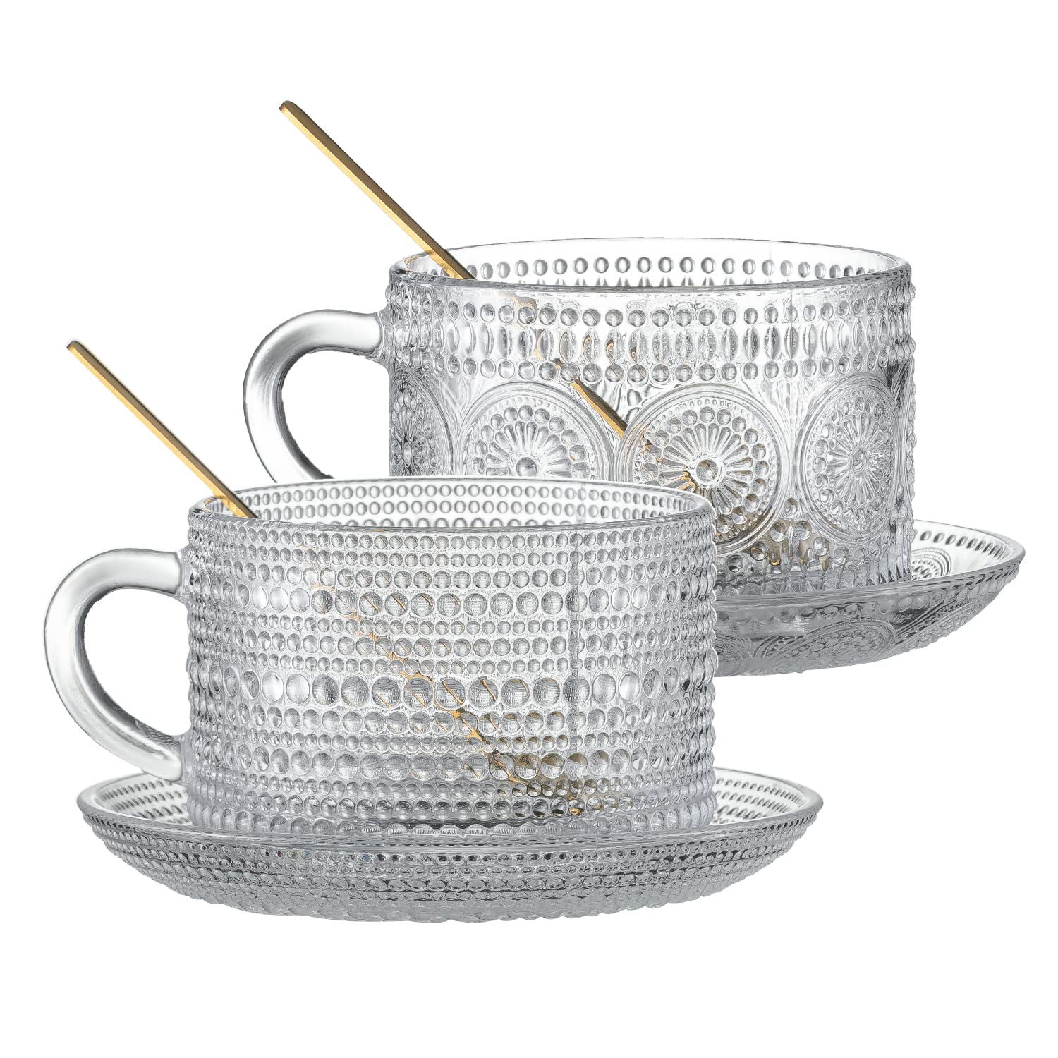 Gezzeny Vintage Coffee Mugs with Saucers 14 Oz Set of 2 Embossed Glass Cups, Tea Cups, Glass Coffee Cups for Cappuccino, Latte,Cereal, Beverage Birthday Valentine's Day Gifts