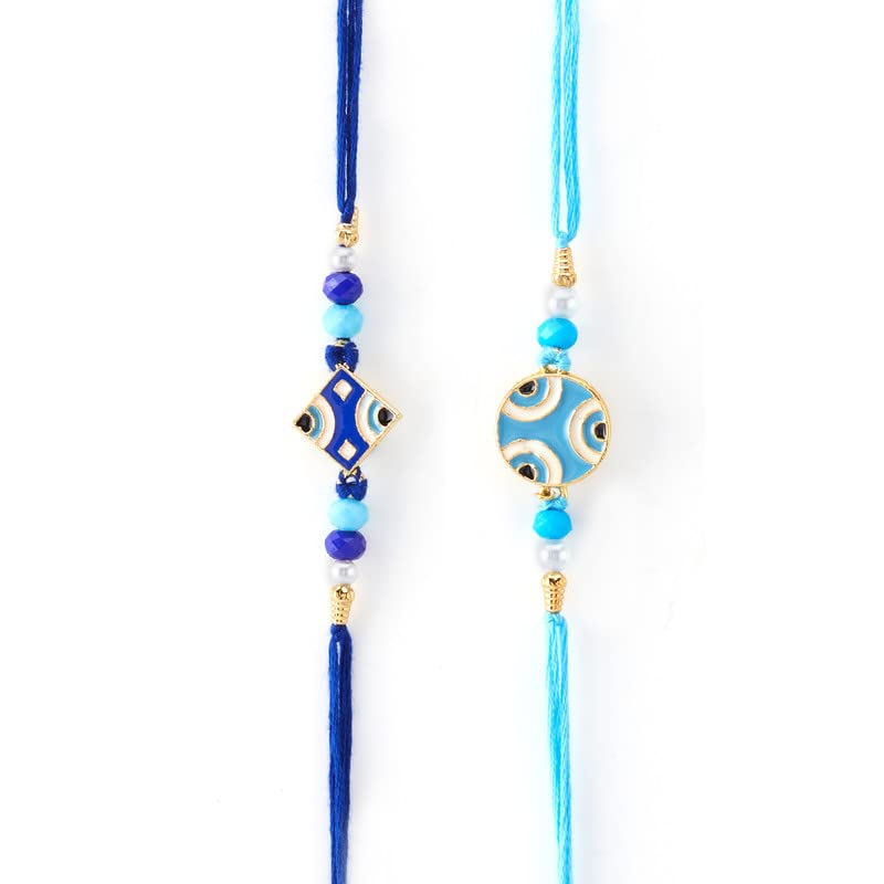 HATHKAAM Set of 2 Designer Evil Eye Blue Rakhi | Traditional Handmade Rakhi for Brother Bhai | Rakhi Bracelet for Bhaiya Combo Gift made with fine Threads for Rakhsha Bandhan (HKR2006)