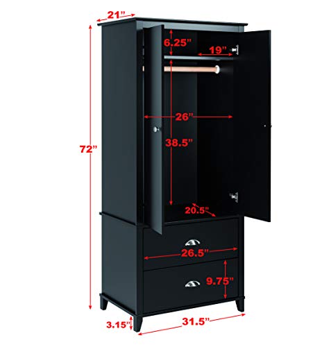 Prepac Yaletown Traditional Wardrobe Closet with Drawers and 2 Doors, Stylish 2-Door Armoire Portable Closet 21" D x 31.5" W x 72" H, Black, BABH-1205-2K