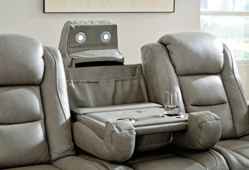 Signature Design by Ashley The Man-Den Leather Power Reclining Sofa with Adjustable Headrests & Wireless Charging, Gray