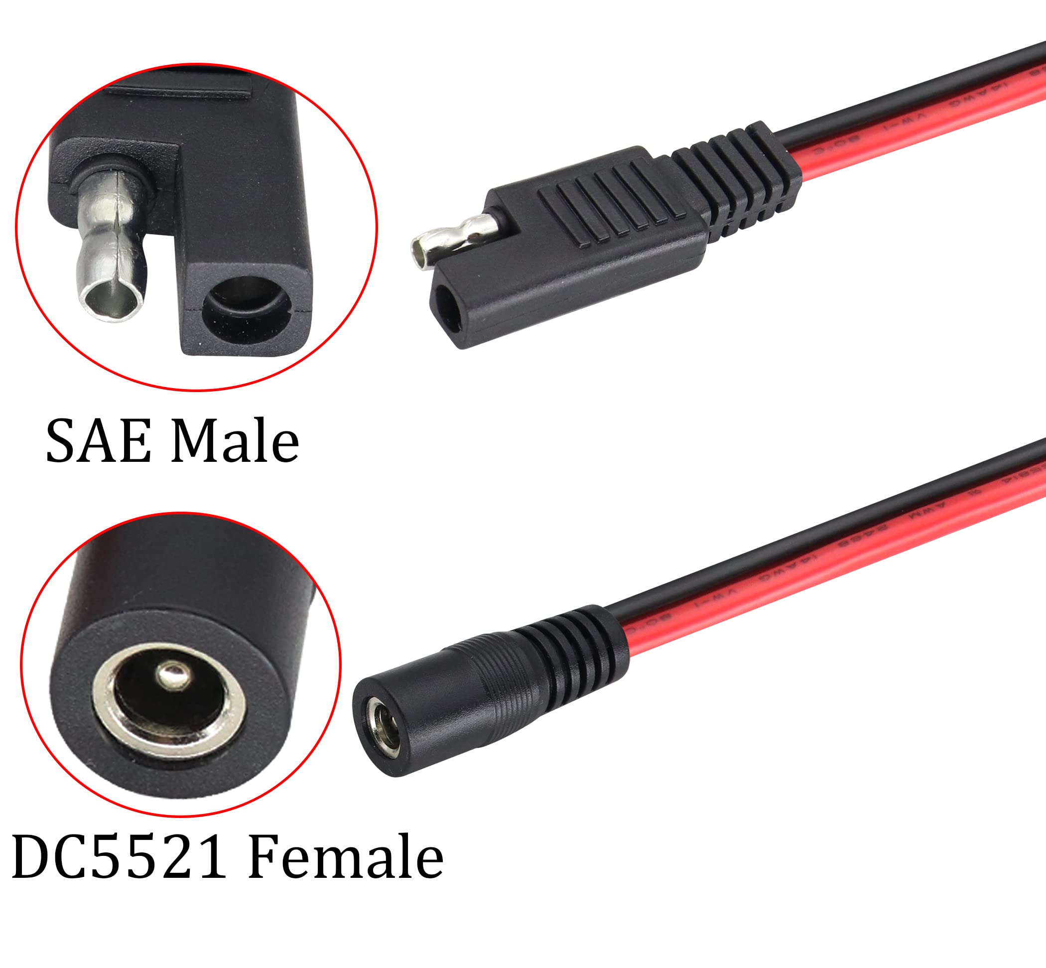 HCFeng 14AWG SAE to DC Power Cable SAE to DC5521 Female Adapter Cable withDC8*0.9/6.5*3/5.5*2.5/4*1.7/3.5*1.35(MM)/SAE Polarity Reverse Adapter for Solar Panel Charger (2ft/60cm)(2pack)