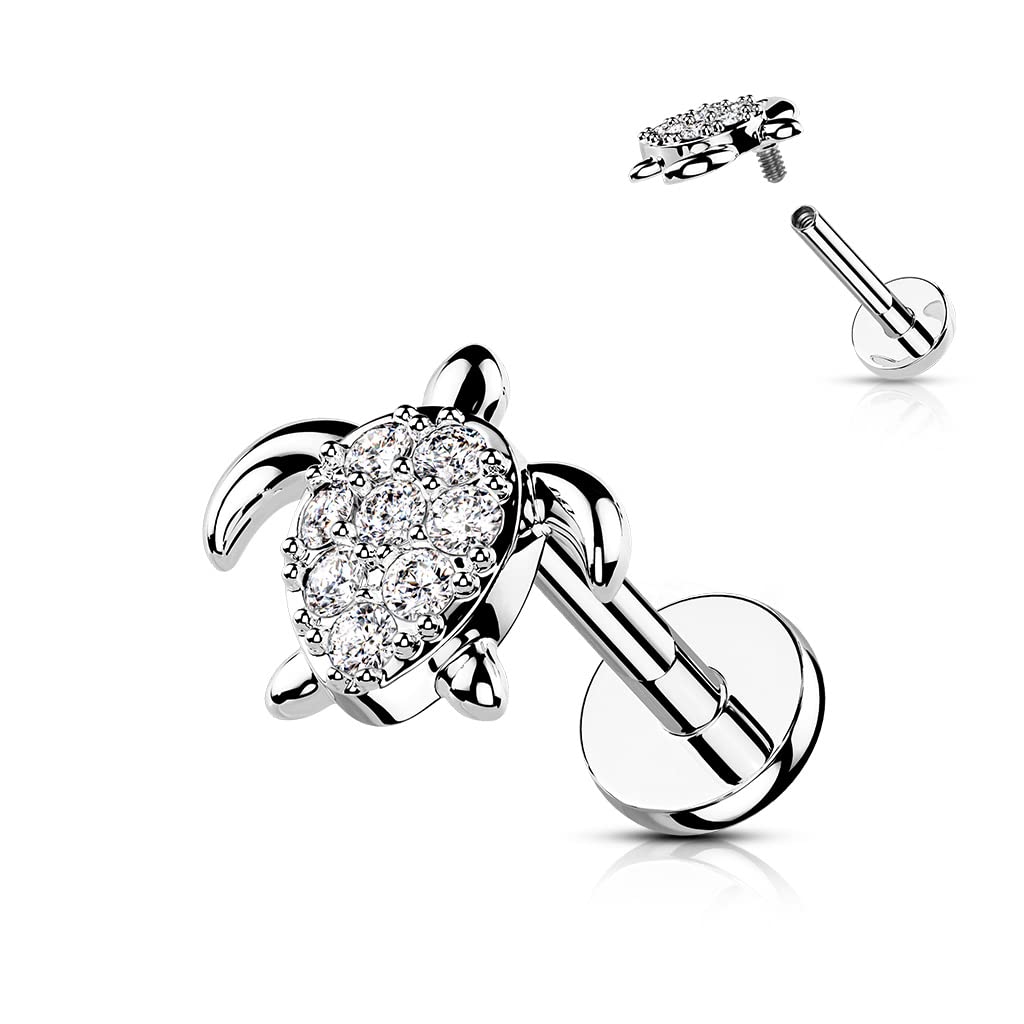 Dynamique CZ Paved Turtle Internally Threaded 316L Surgical Steel Flat Back Studs For Labret, Monroe, Cartilage And More (Sold Per Piece)