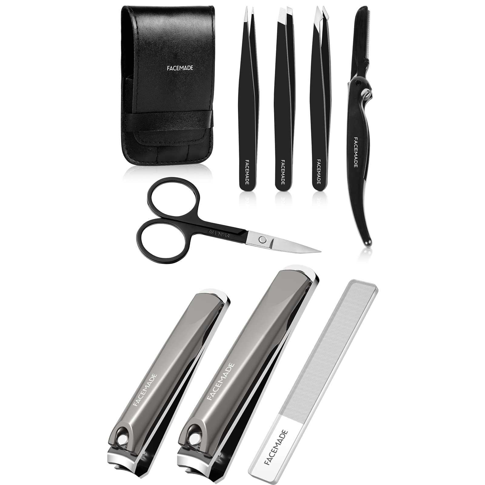 FACEMADE 8 PCS Tools, 5 PCS Tweezers Set with Scissors and Eyebrow Razor, 3 PCS Nail Clippers Set, Help to Keep Daily Clean Routine