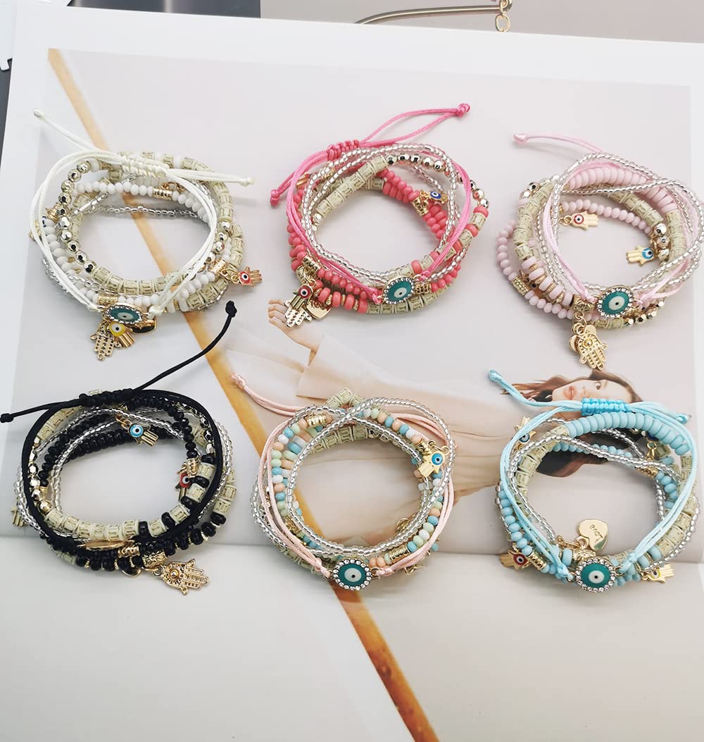 FINZOR 8 Sets Bohemian Bracelets for Women Stretch Multilayer Colorful Beads Bracelet with Charm Jewelry