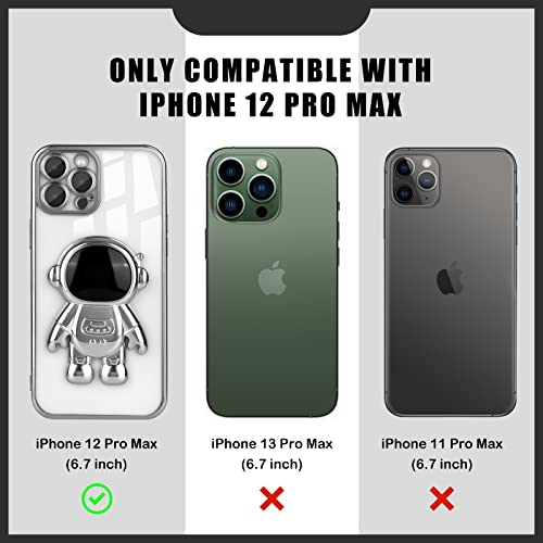 Newseego Compatible iPhone 12 Pro Max Case (6.7 Inch),Astronaut Hidden Stand Case with Lens Film Protective,Clear PC Back Cute Astronaut Stand with Chain Strap Plating Phone Case-Silver