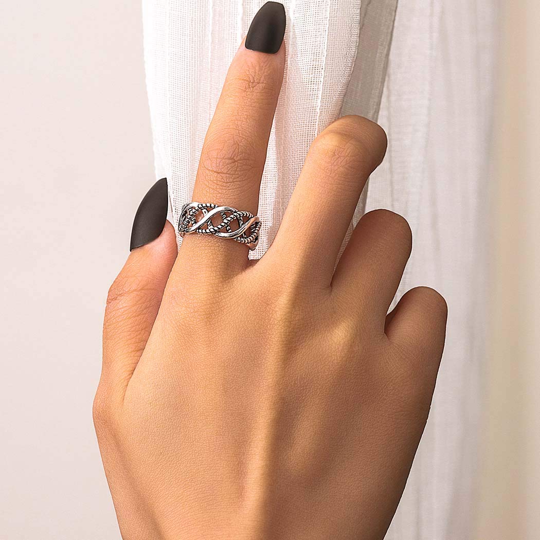 Fstrend Vintage Band Ring Silver Wrap Cross Women's Statement Ring Retro Wave Stainless Steel Adjustable Open Rings Jewelry for Women and Girls