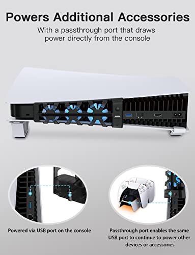 NexiGo PS5 Horizontal Stand with Slient Cooling Fan, [Auto On/Off], [Minimalist Design], Compatible with Playstation 5 Disc & Digital Editions, Built-in LED Light, Extra USB Port, Easy to Install