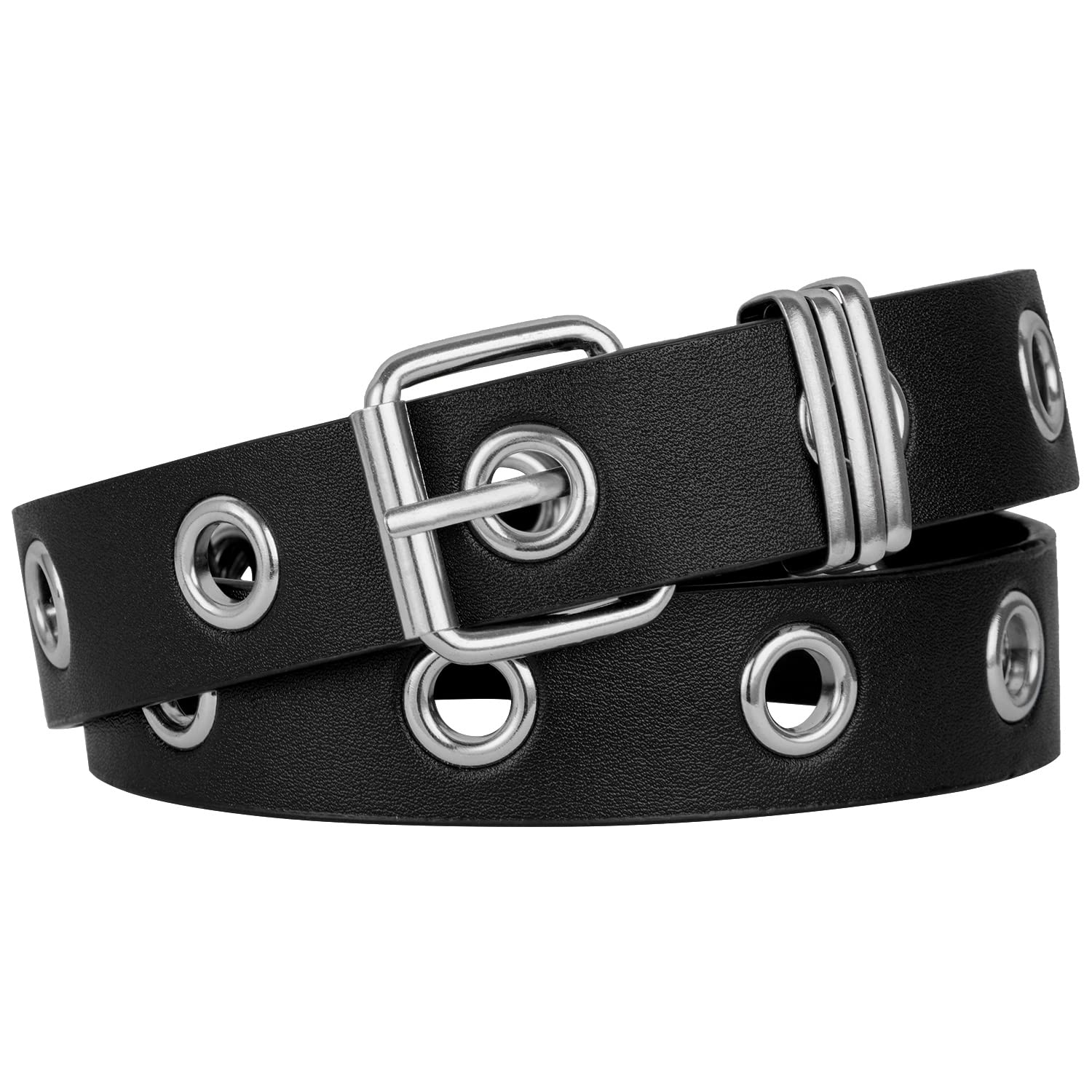 FIORETTO Single Grommet Leather Belt Women Men Punk Rock Waist Belts for Jeans Pants Single Holes Black-Silver