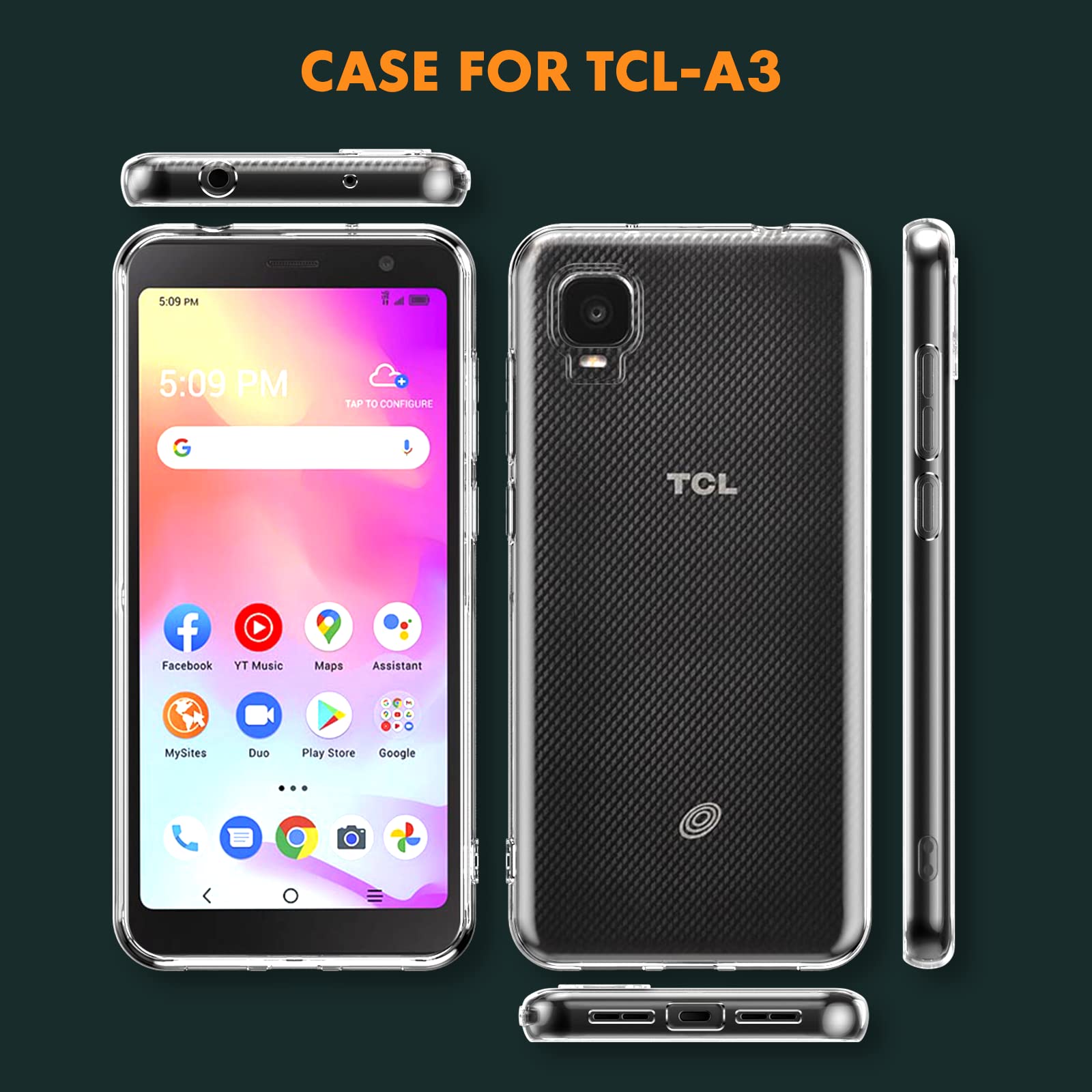 Dioxide Cellular Phone Case for Alcatel TCL A3 A509DL, Transparent Silicone Bumper with Screen Protector, Shockproof Case