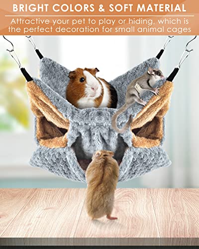 TINDTOP Small Animals Hammock, Ferret Sugar Glider Triple Bunk Bed Cage Warm Plush Hanging Hammock Bed Hideout for Hamster Guinea Pig Rat Ferret Chinchilla (Grey)