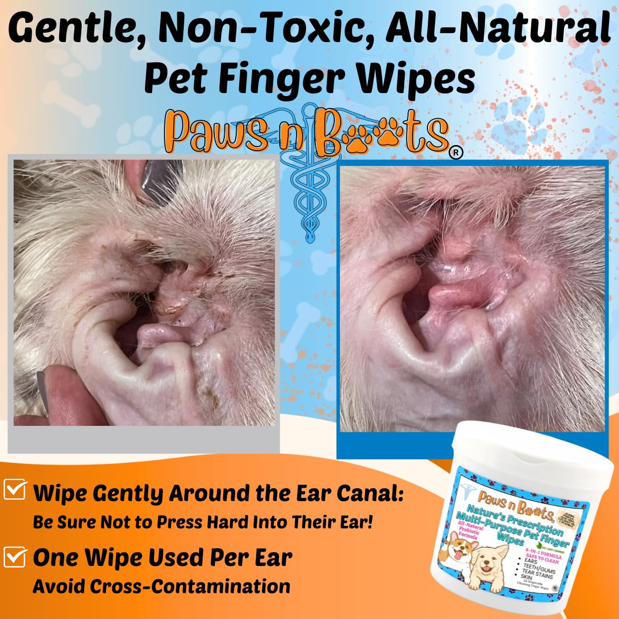 Multi-Purpose All-Natural Pet Finger Wipes, Organic, Safe, Non-Toxic Formulated Pre-Moistened Wipes. Remove Plaque & Whiten Teeth, Clear Ear Wax/Dirt Buildup, Soothe Dry Skin Folds, Remove Tear Stains