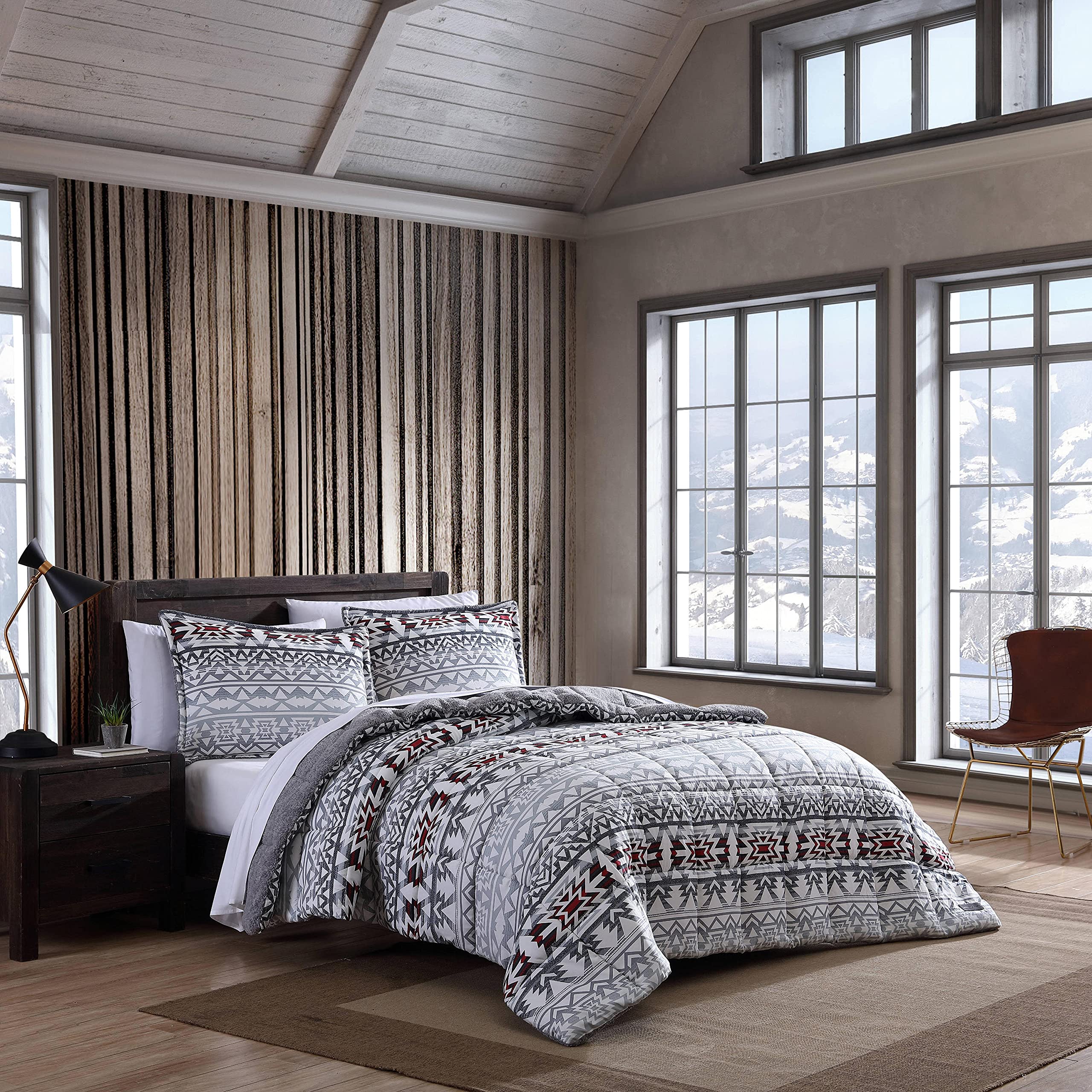 Eddie Bauer Home | Clyde Hill Collection | Comforter Set - Soft & Cozy, Medium-Weight, Sherpa Reverisble Bedding with Matching Shams, Queen, Grey