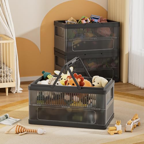 HAIXIN HOME Upgrade 86L Large Collapsible Laundry Basket Black, Stackable Storage Bins Plastic, Foldable Laundry Hamper, Dirty Clothes Hamper with Handles for Laundry/Bedroom, Dorm Room Essentials