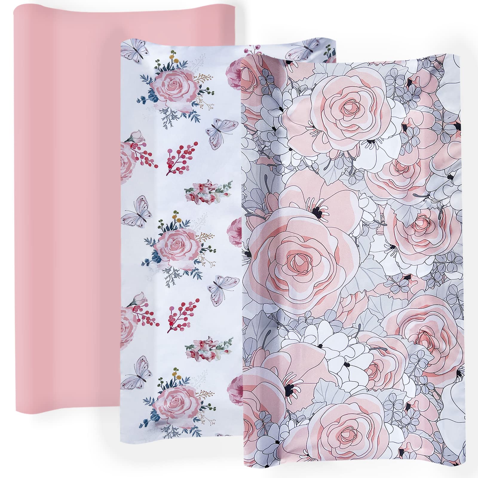 JAROSY 3 Pack Soft Changing Pad Covers, Premium Diaper Changing Table Sheets for Baby Girls, Thick Durable Microfiber Fabric, Floral & Pink
