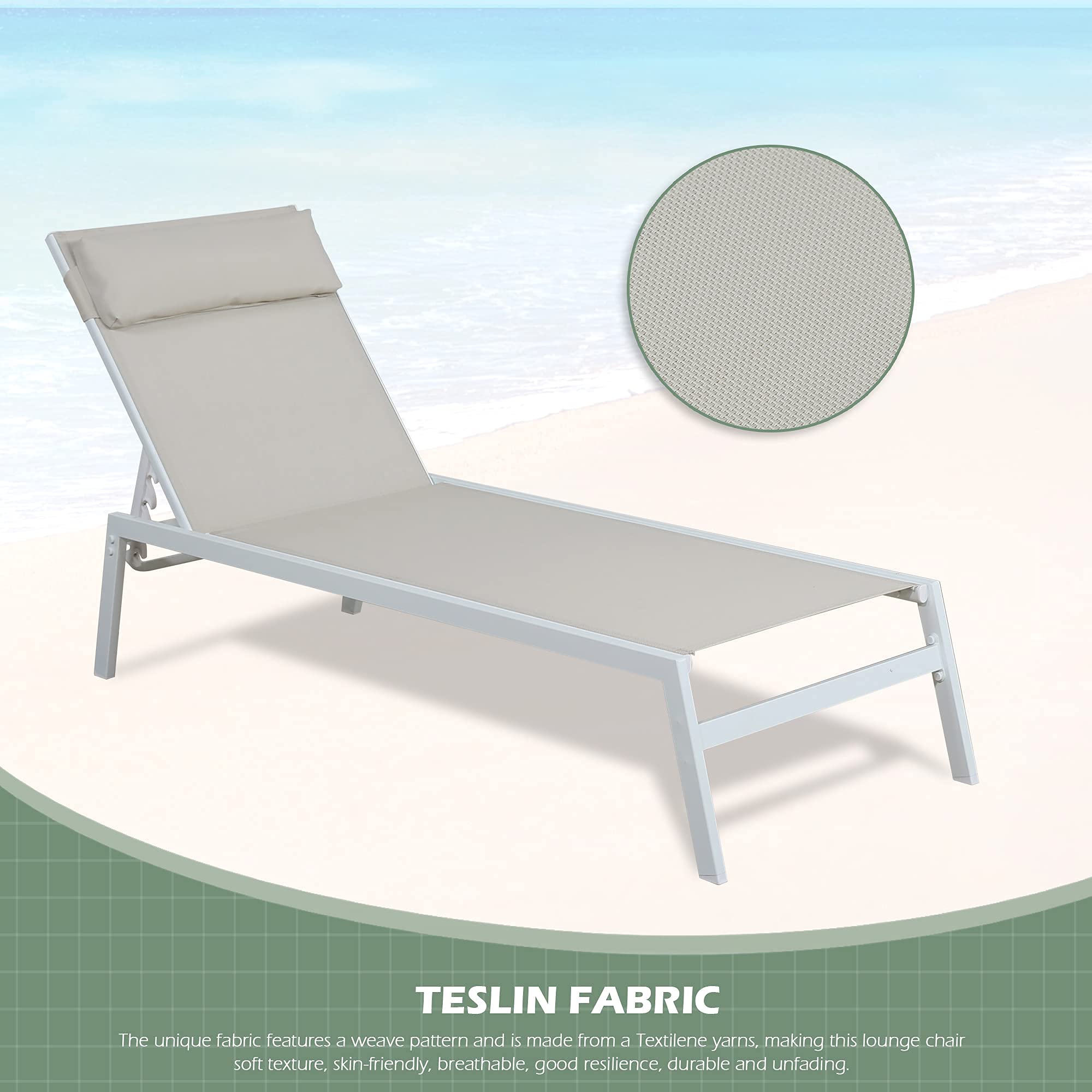 PATIO TREE 2 PCS Patio Full Flat Chaise Lounges Outdoor Steel Recliner Lounge Chairs with Four-Position Adjustable Backrest, Beige