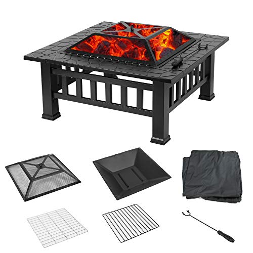 HEMBOR 32" Outdoor Fire Pit Table with Grill, Wood Burning Fireplace Bowl, Multi-Function Square Stove, w/Spark Screen, Poker, Rainproof Cover for Picnic, Camp, Bonfire, BBQ, Patio, Backyard, Party