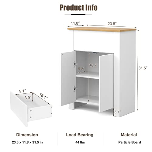 Mepplzian Bathroom Storage Cabinet, Floor Cabinet with Large Drawer and Adjustable Shelf, Free-Standing Cupboard for Kitchen/Living Room/Bathroom Use, White 23.6" L x 11.8" W x 31.5" H, White