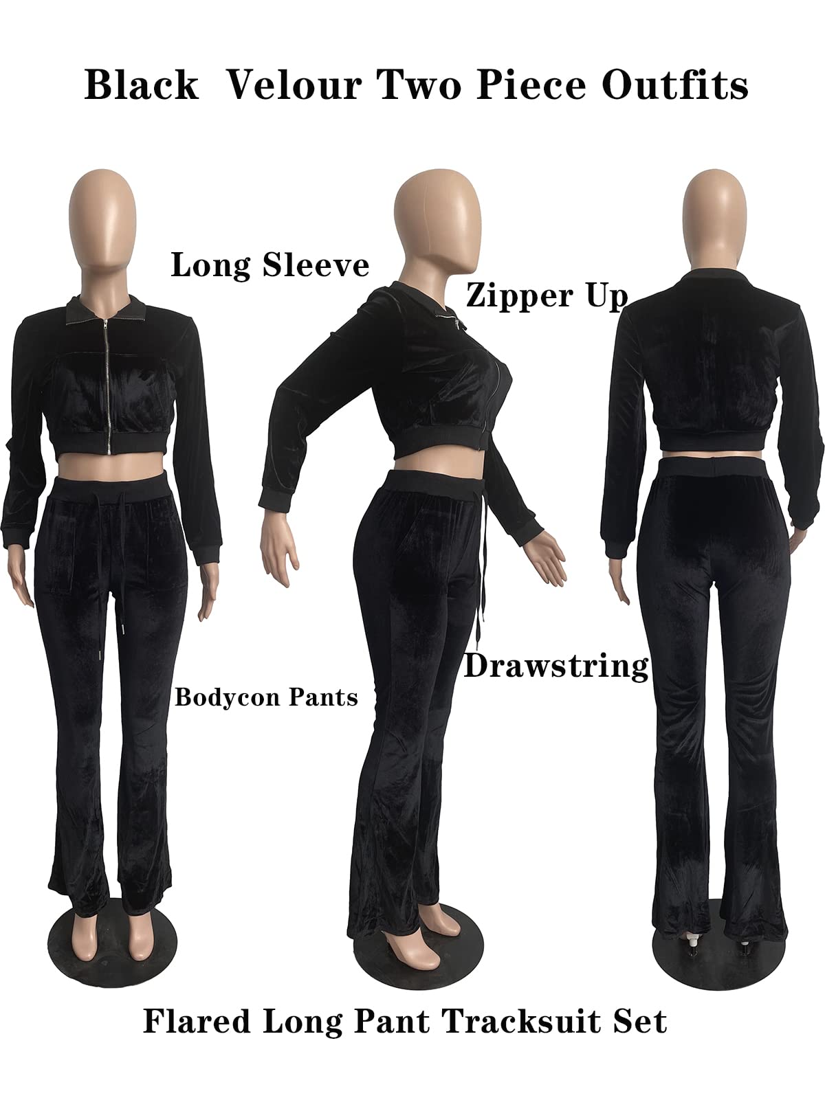ECHOINE Velour Tracksuit Two Piece Outfits for Women Long Sleeve Zip Crop Top and Bell Bottom Flared Pants Sweatsuit Green