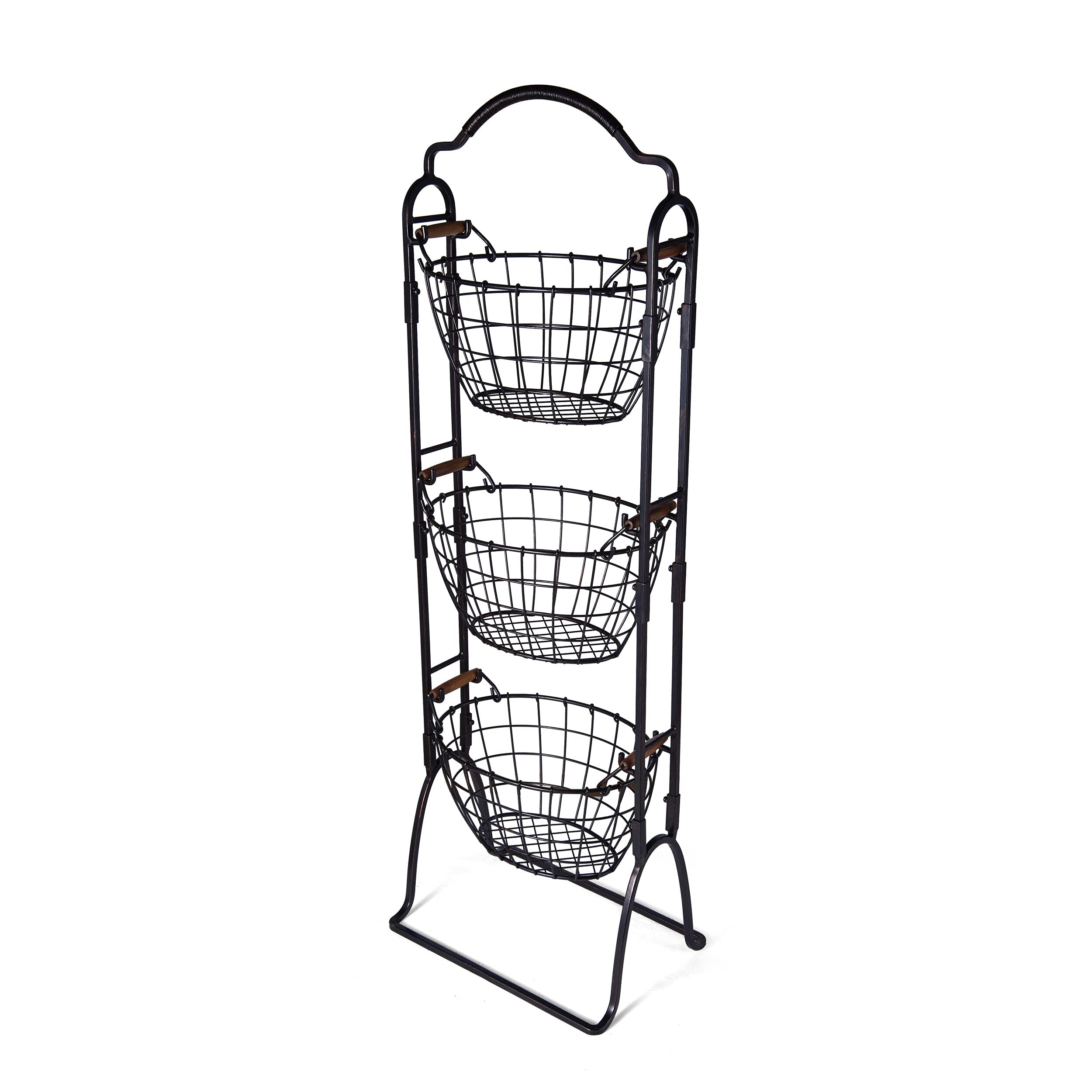 Gourmet Basics by Mikasa 5184916 Harbor Adjustable 3-Tier Metal Floor Standing Fruit/Home Storage Basket, Antique Black