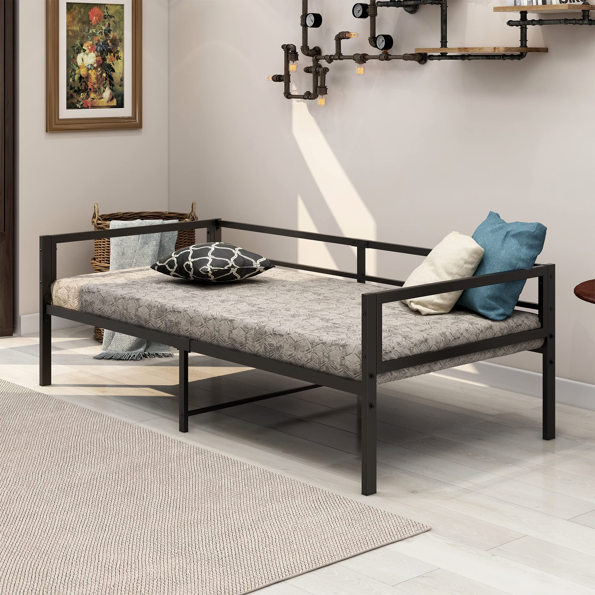 DUMEE Twin Daybed Frame with Storage, Multifunctional Mattress Foundation/Day Bed Sofa with Headboard, Reinforced Support, No Box Spring Needed, Twin, Black